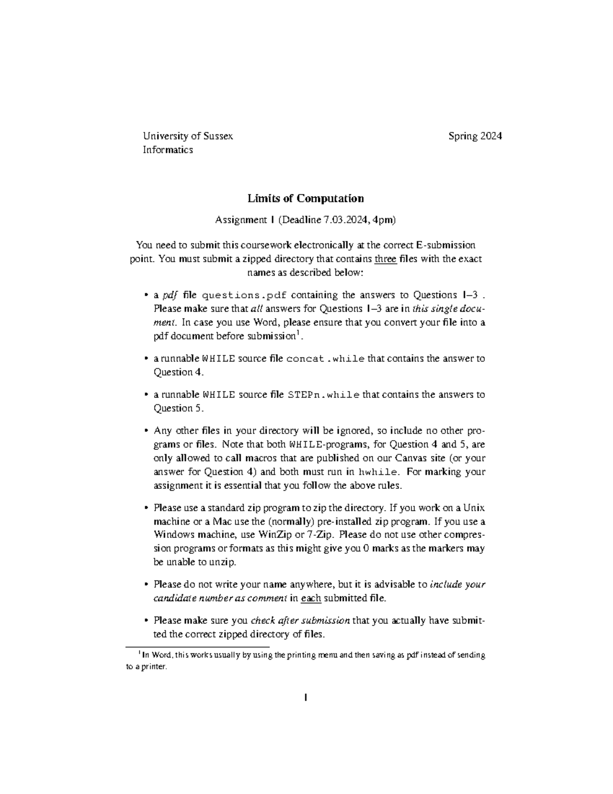 Assignment-2024 - Assignment March Limits of Computation - University of Sussex Spring 2024 ...