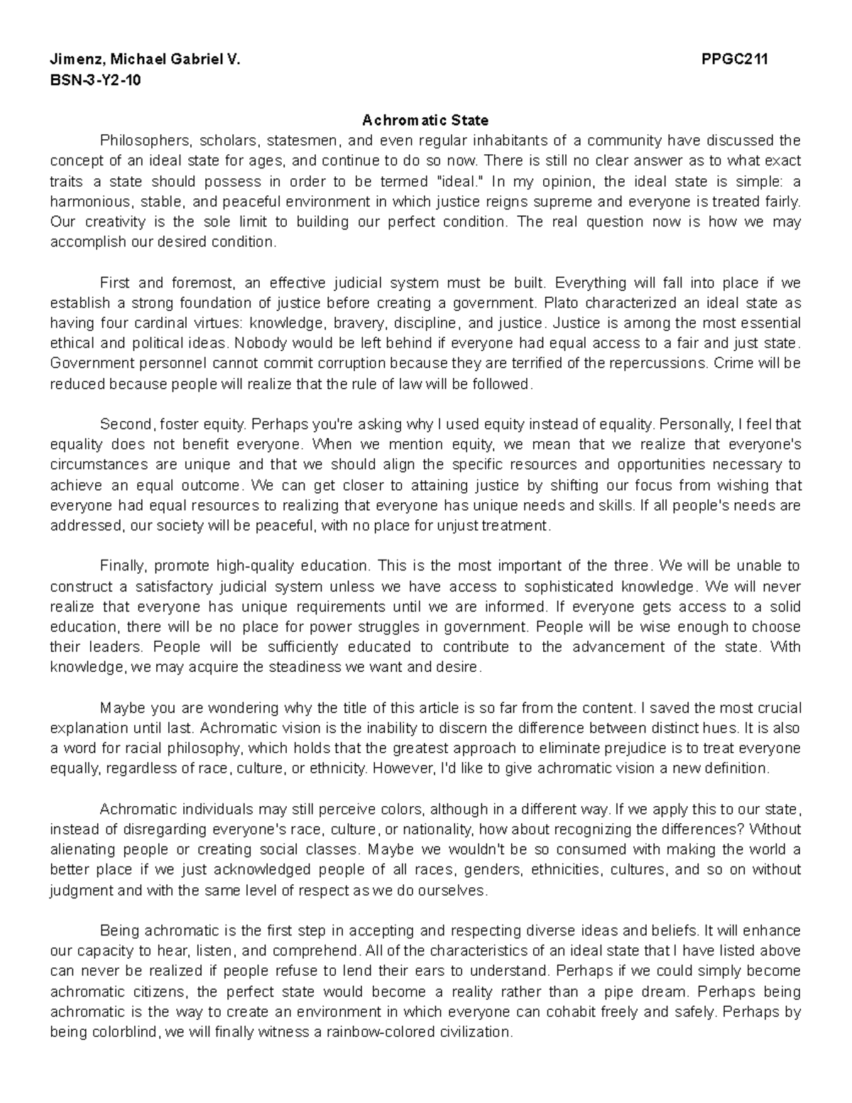MY Ideal State - EXCELLENT - Jimenz, Michael Gabriel V. PPGC BSN-3-Y2 ...