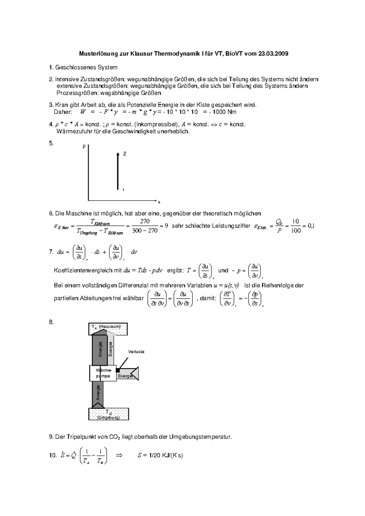Technische Thermodynamik Altklausur 2009 WS - Musterlösung zur Klausur ...
