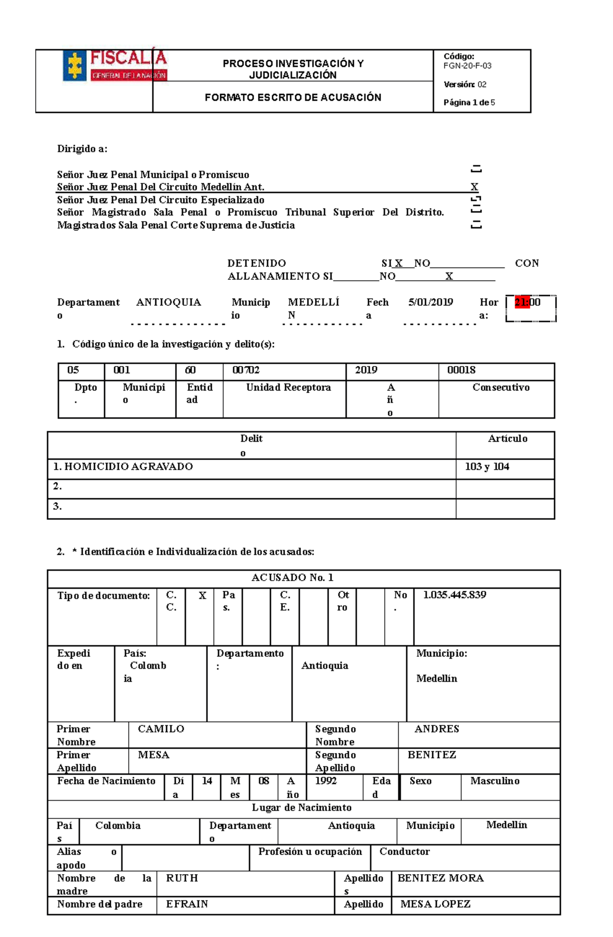 Escrito DE Acusacion - PROCESO INVESTIGACIÓN Y JUDICIALIZACIÓN FGN-20-F ...