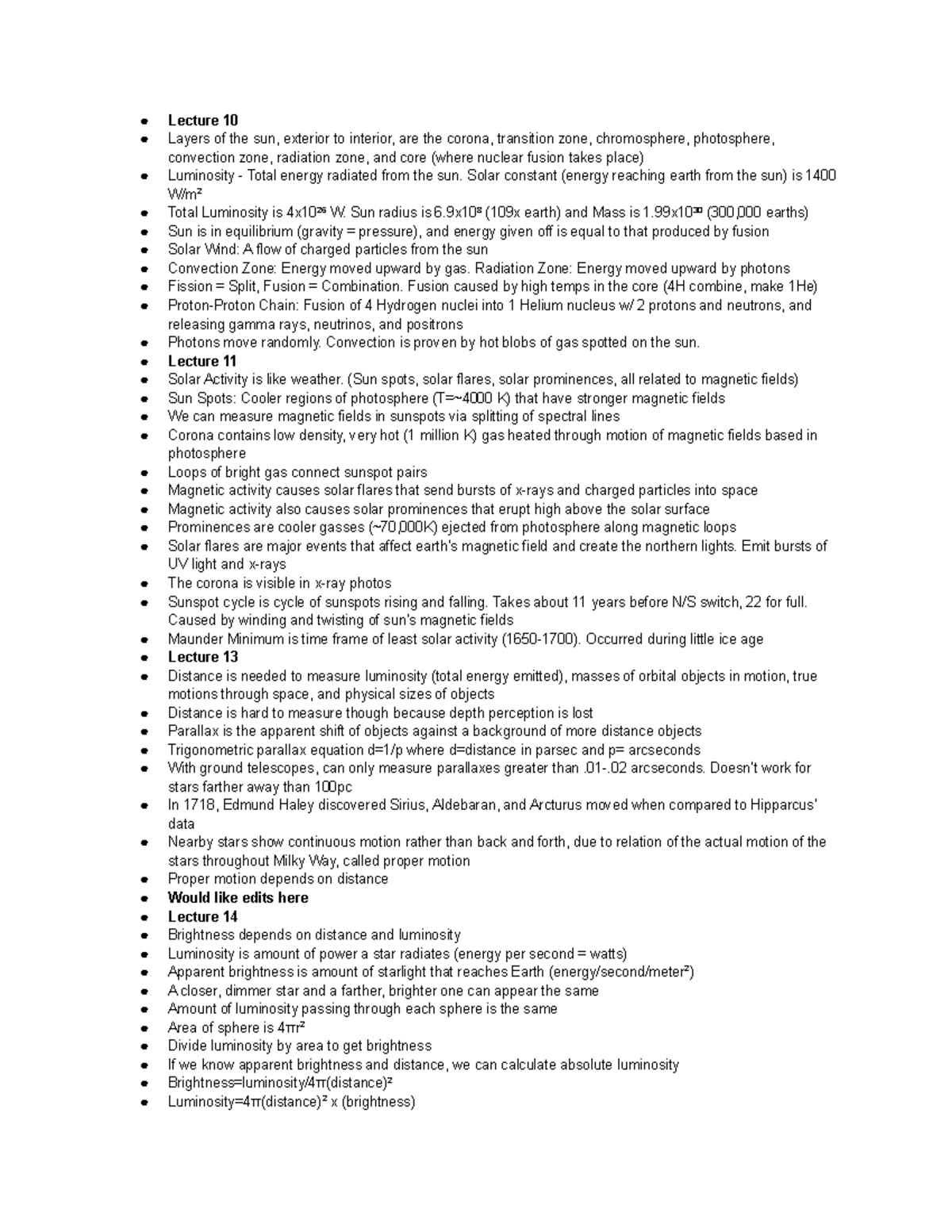 Cheat Sheet for the Second Examination in ASTR 114 - Lecture 10 Layers of the sun, exterior to ...