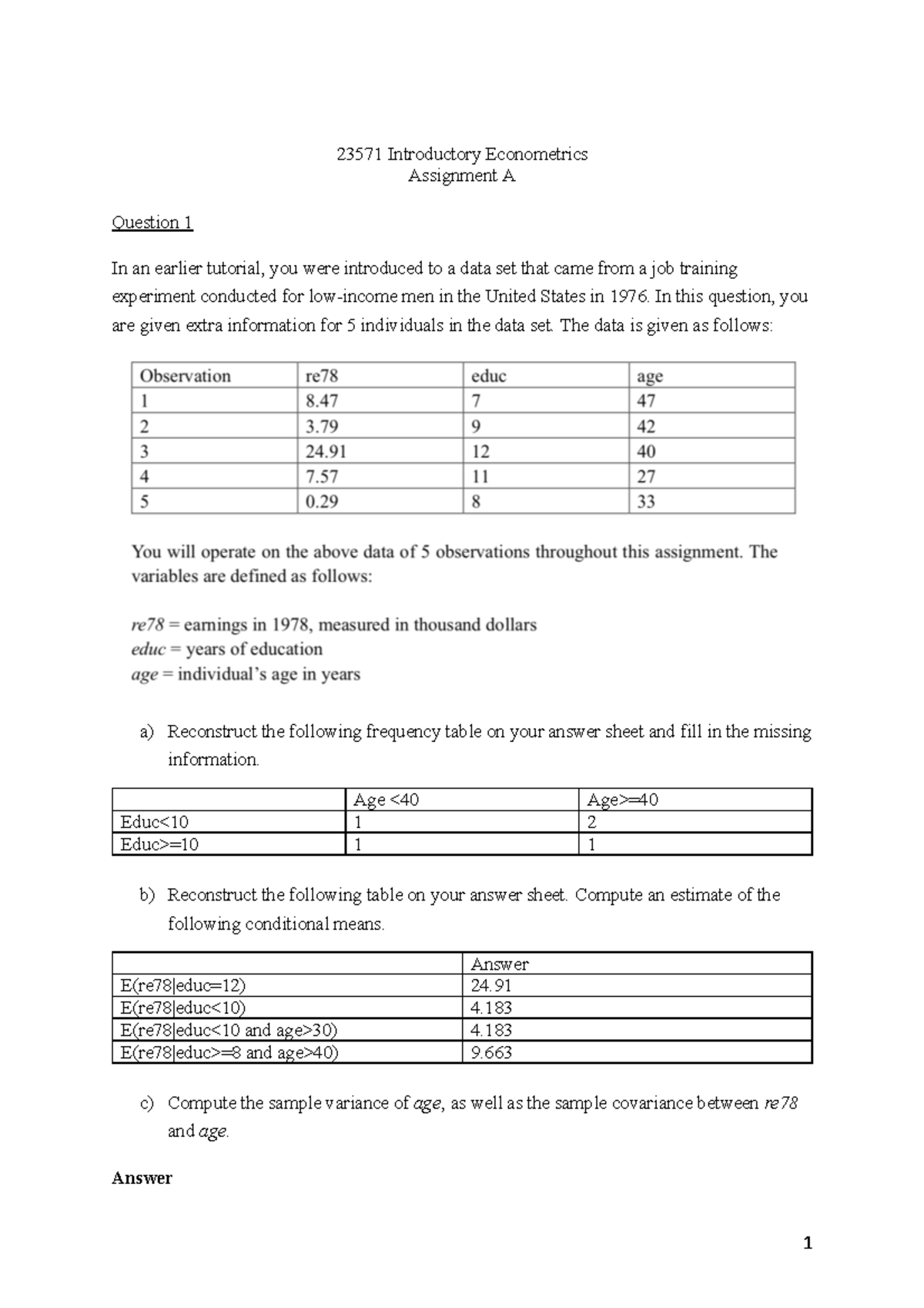 Assignment A Answers - Warning: TT: undefined function: 32 23571 Introductory Econometrics - Studocu
