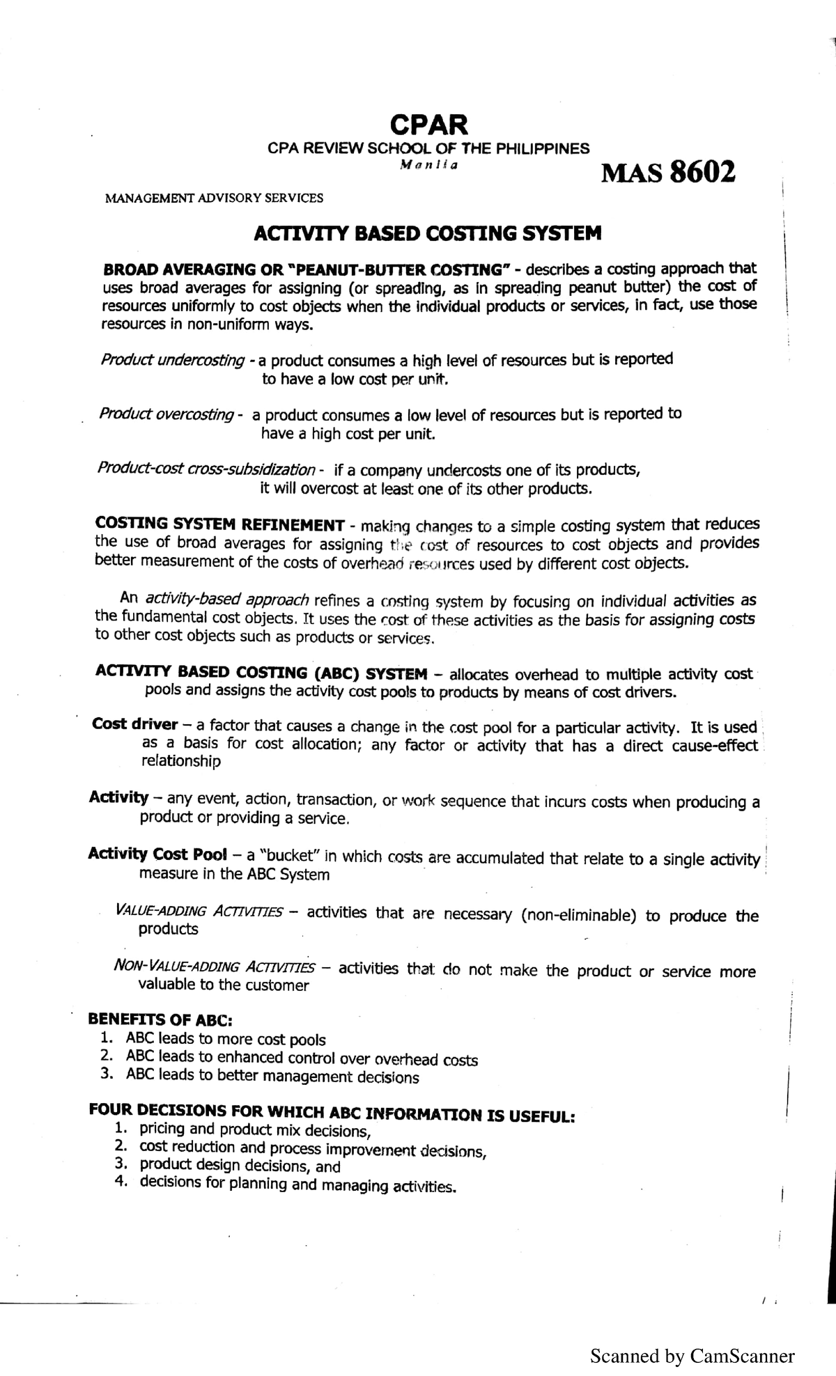 MAS 8602 Activity Based Costing System - Management Accounting Service ...