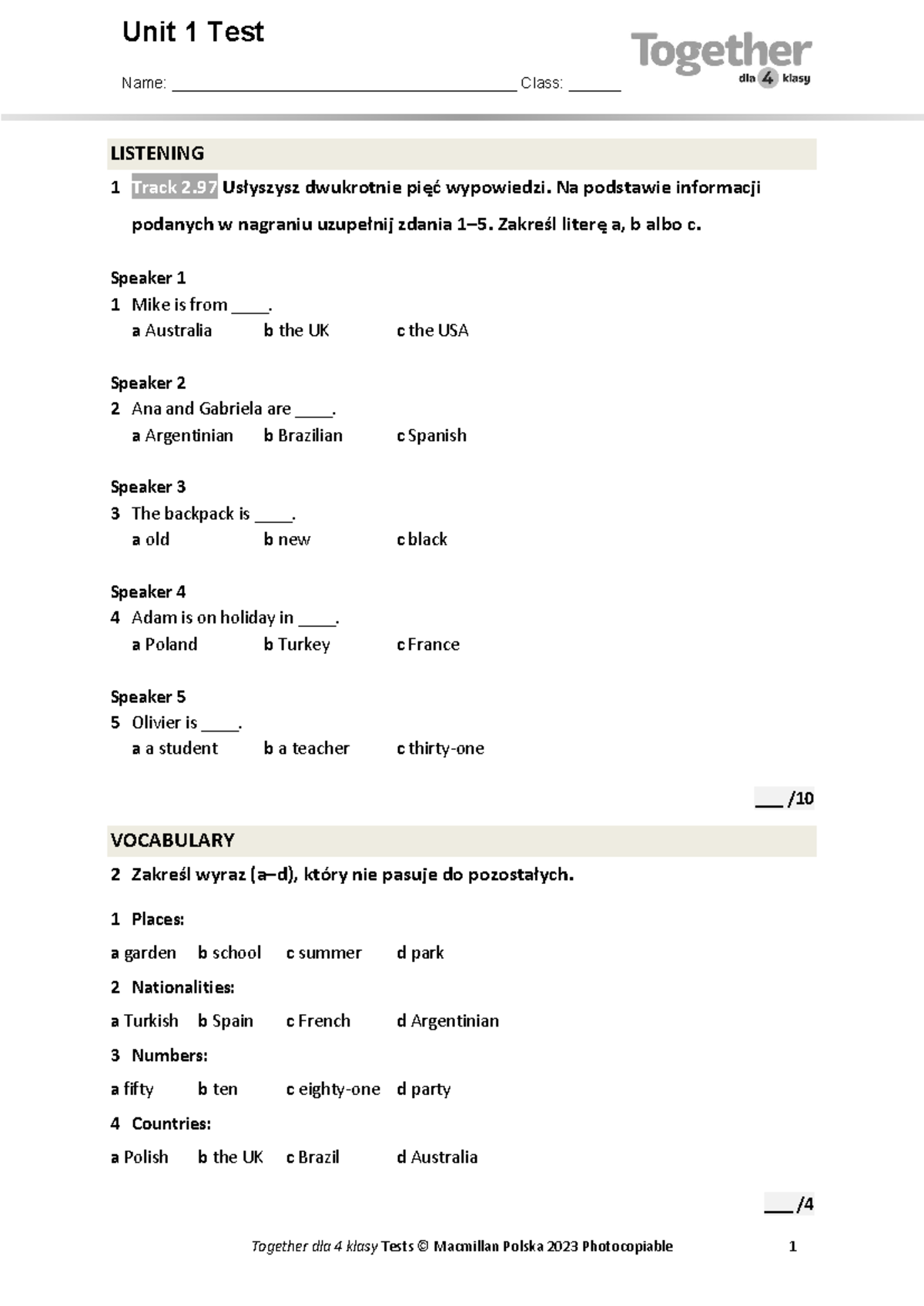 Together kl4 U1 Test for dyslexic students - Unit 1 Test Name: - Studocu