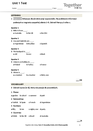 Together kl4 Standard Tests Answer Key - Unit 1 A ex. 1 1 c 2 c 3 a 4 c ...
