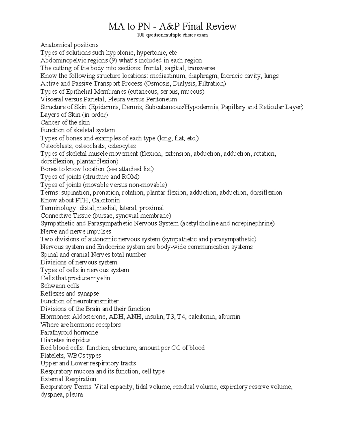 A&P - MA to PN Test Out Exam Review - MA to PN - A&P Final Review 100 ...