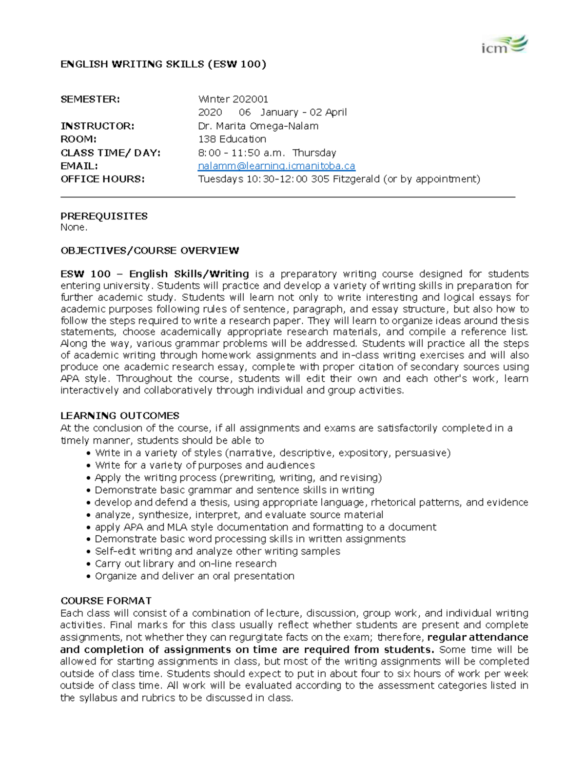 202001 ESW100 course outline Winter 2020 Nalamm - ENGLISH WRITING ...