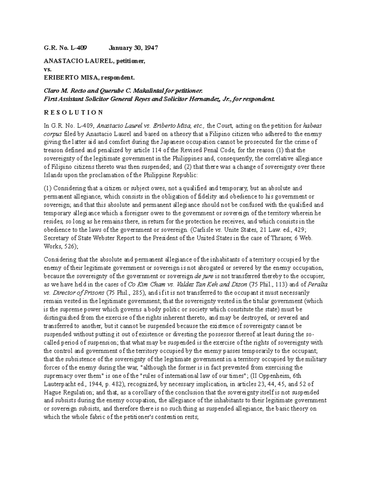 33. Blackstone ON State Allegiance - G. No. L- 409 January 30, 1947 ...