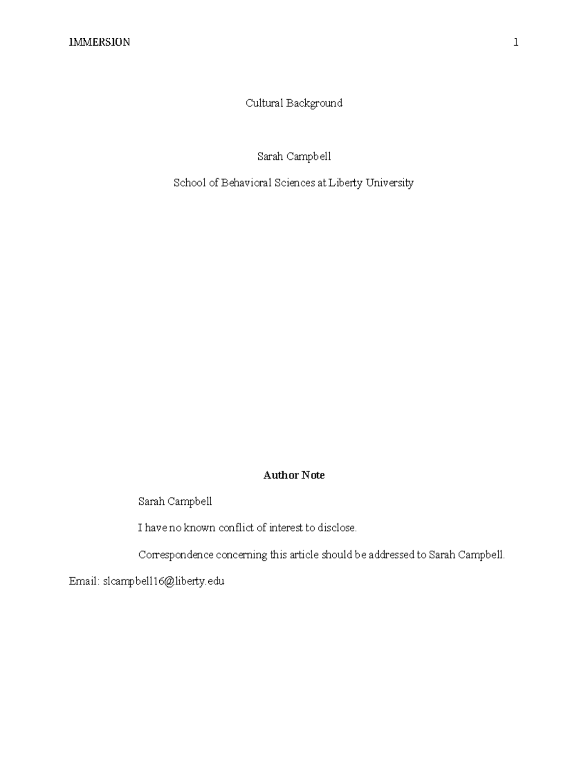 Cultural Immersion Benchmark Essay - Cultural Background Sarah Campbell ...