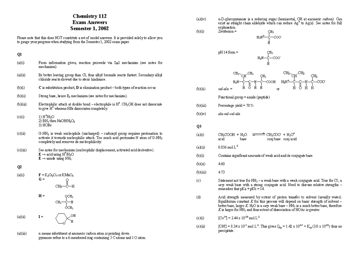 Exam 2002, answers - Chemistry 112 Exam Answers Semester 1, 2002 Please ...