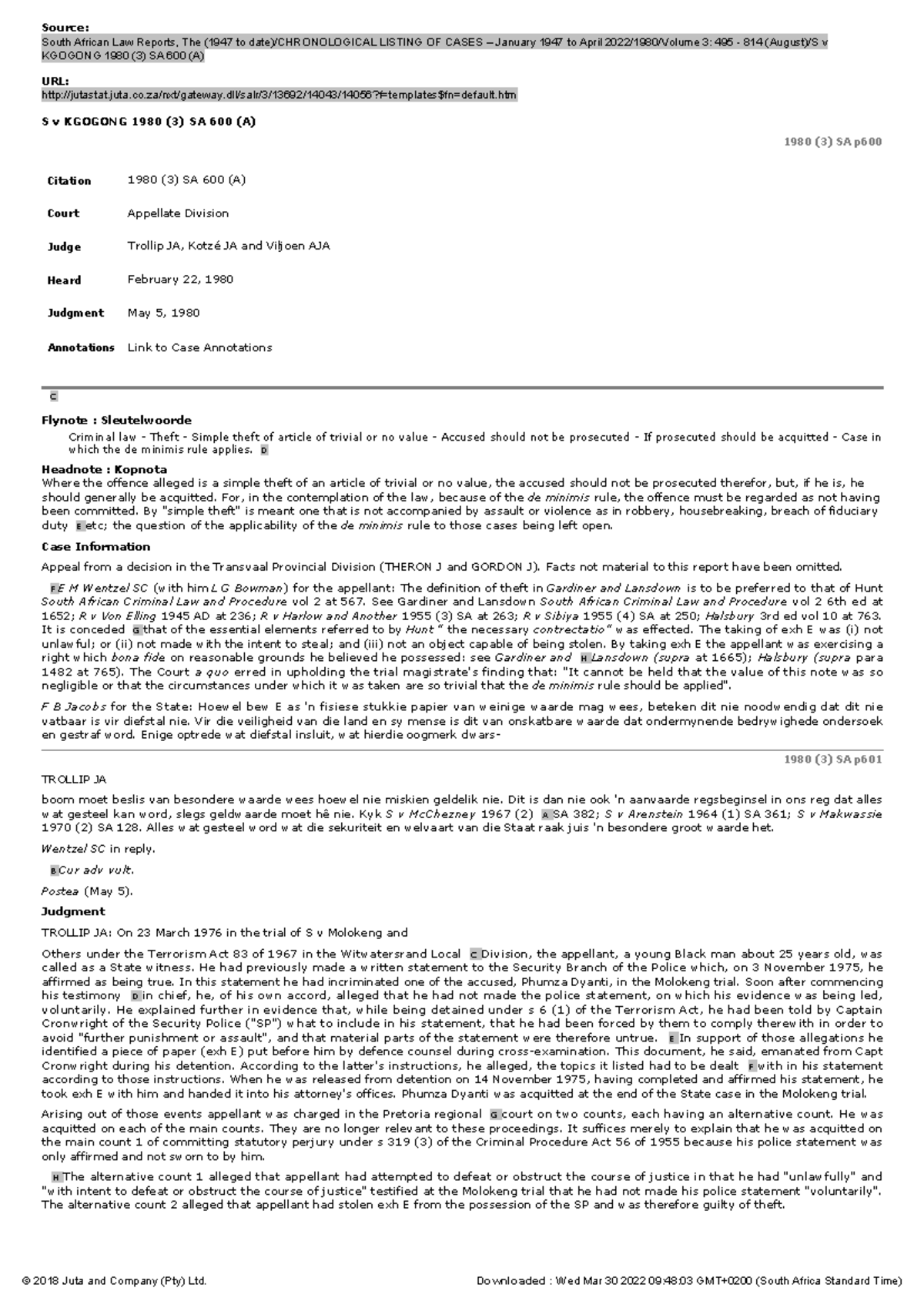 S v Kgogong 1980 (3) SA 600 (A) - Source: - Studocu