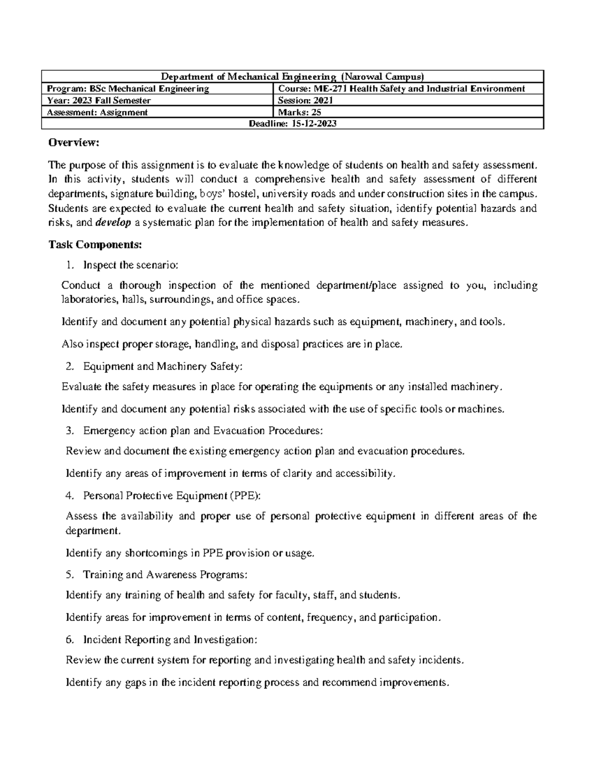 Assignment Health and Safety - Department of Mechanical Engineering ...