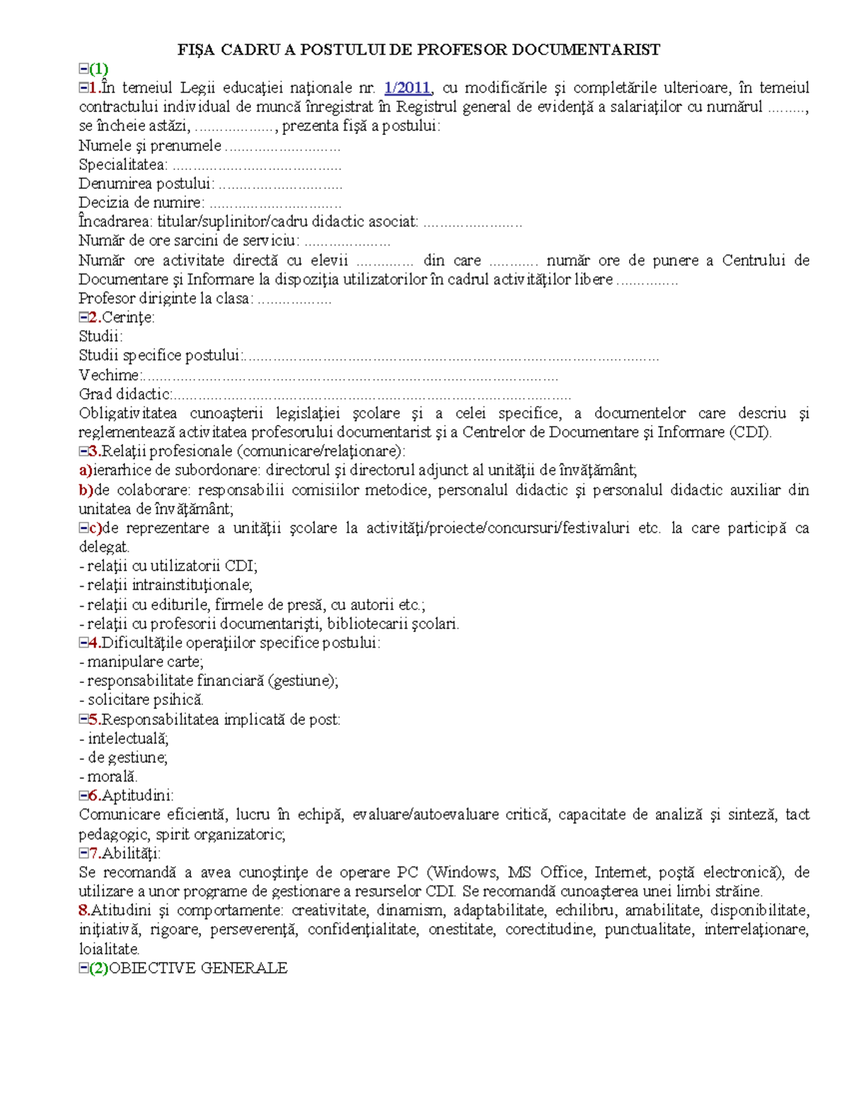 Fisa post prof doc - FIŞA CADRU A POSTULUI DE PROFESOR DOCUMENTARIST (1 ...
