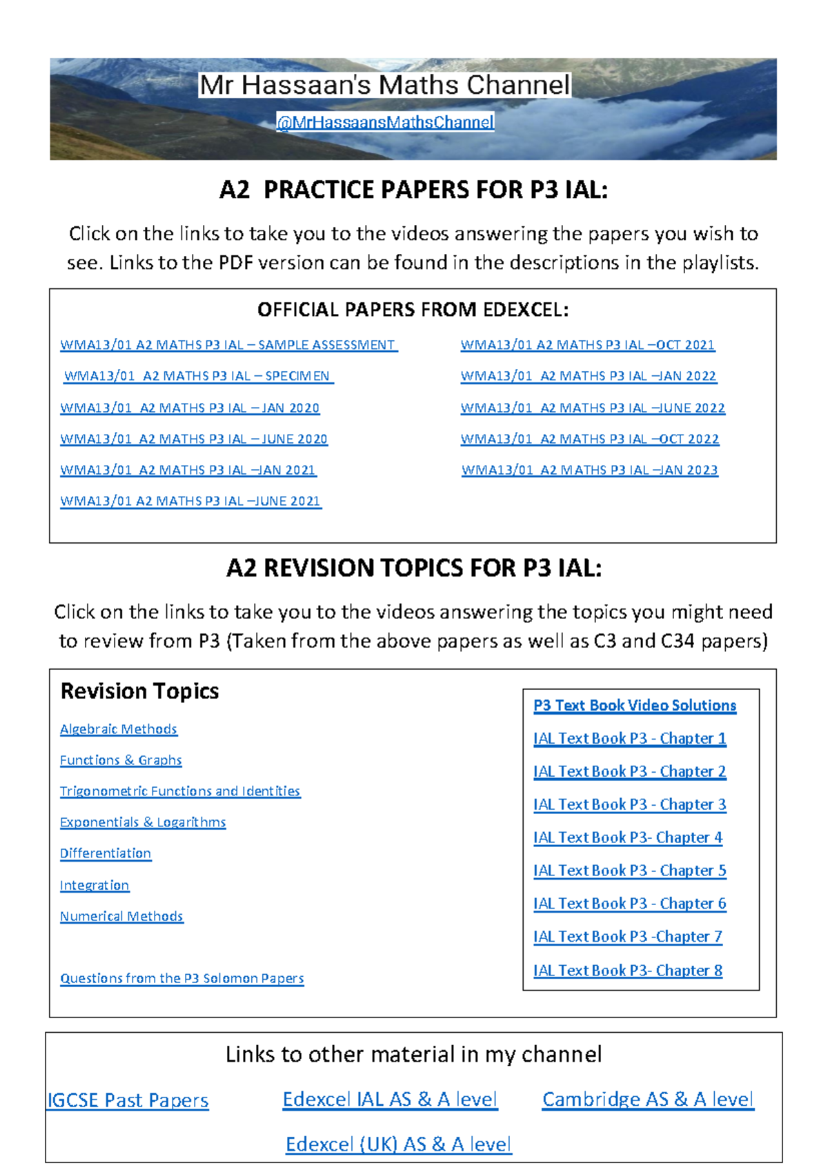 You tube IAL P3 Index - WORK - A 2 PRACTICE PAPERS FOR P3 IAL: Click on ...