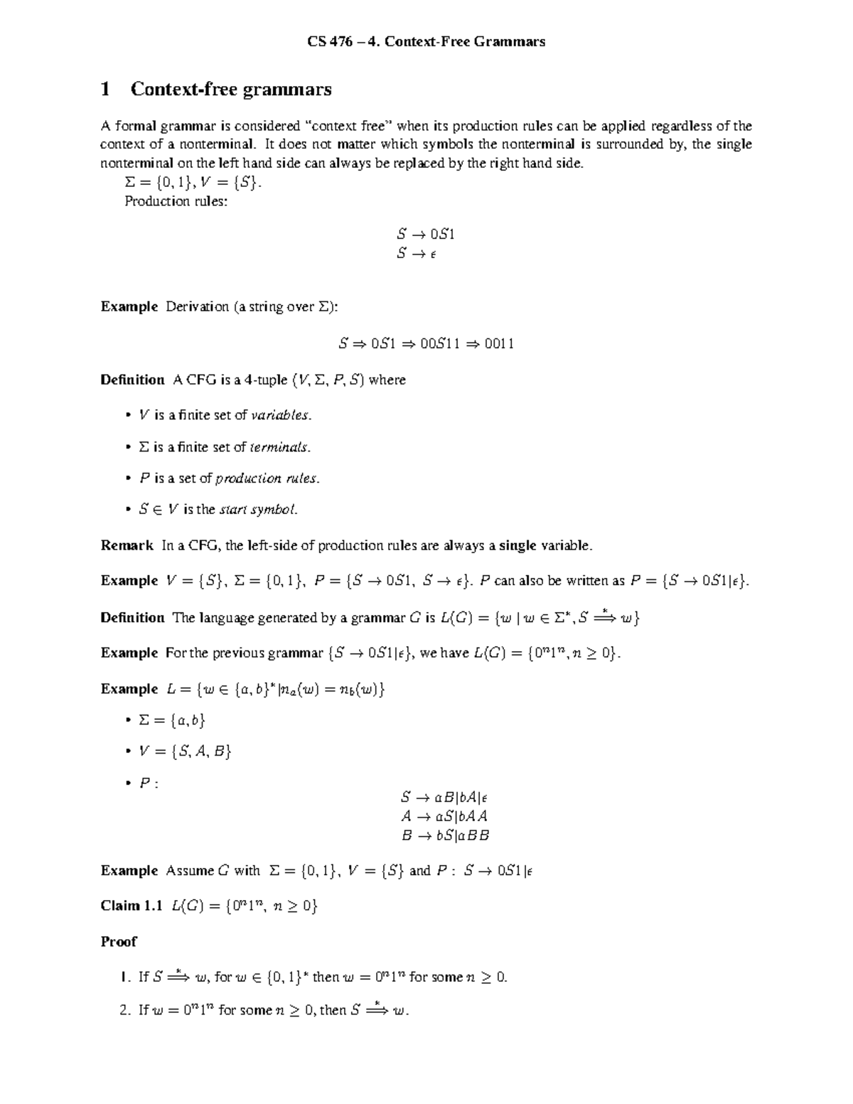 4-cfg - Lecture notes - CS 476 – 4. Context-Free Grammars 1 Context ...