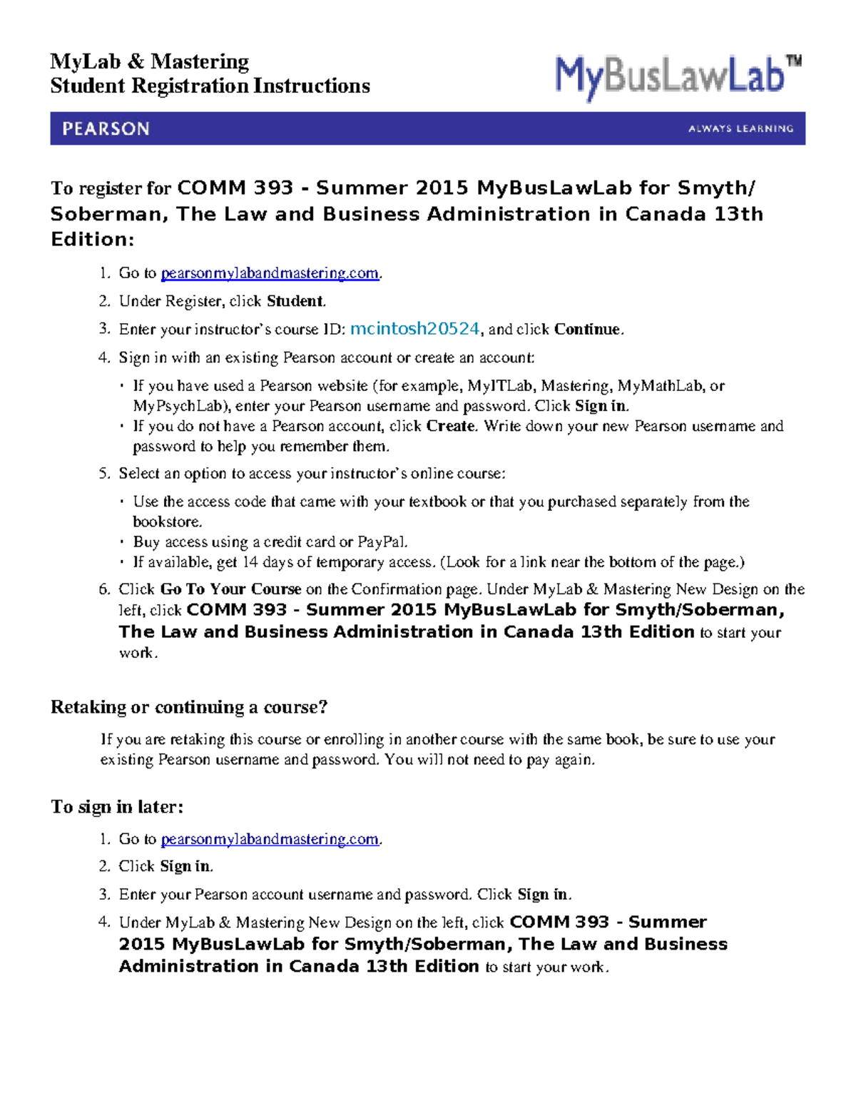 Mylab & mastering student registration instructions - MyLab Mastering ...