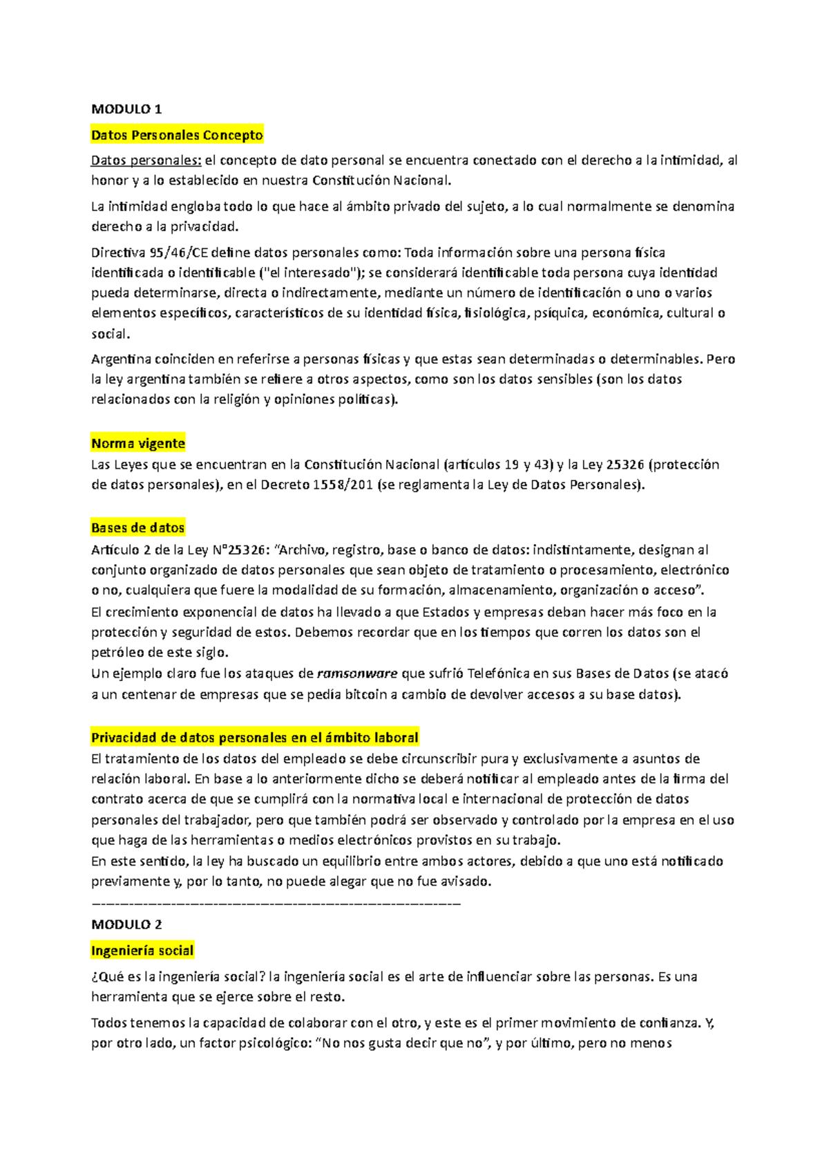 Modulo 2 - MODULO 1 Datos Personales Concepto Datos personales: el ...
