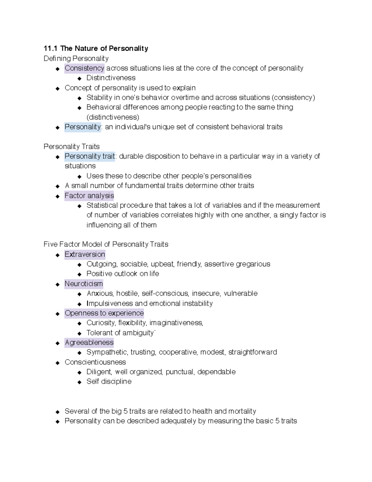 PSY 205 Ch 11 Personality Notes - 1 1 The Nature of Personality ...