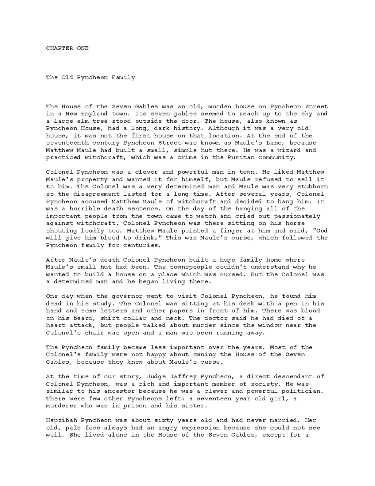 THE House OF THE Seven Gables BY Nathaniel Hawthorne - CHAPTER ONE The ...