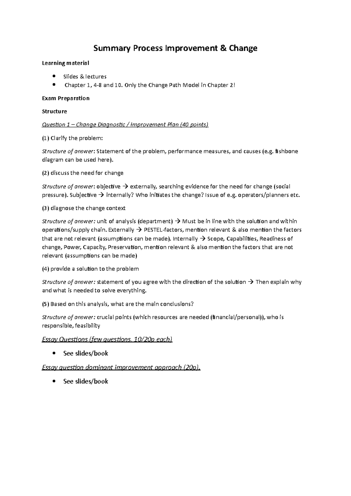 Summary Process Improvement and Change - Summary Process Improvement ...