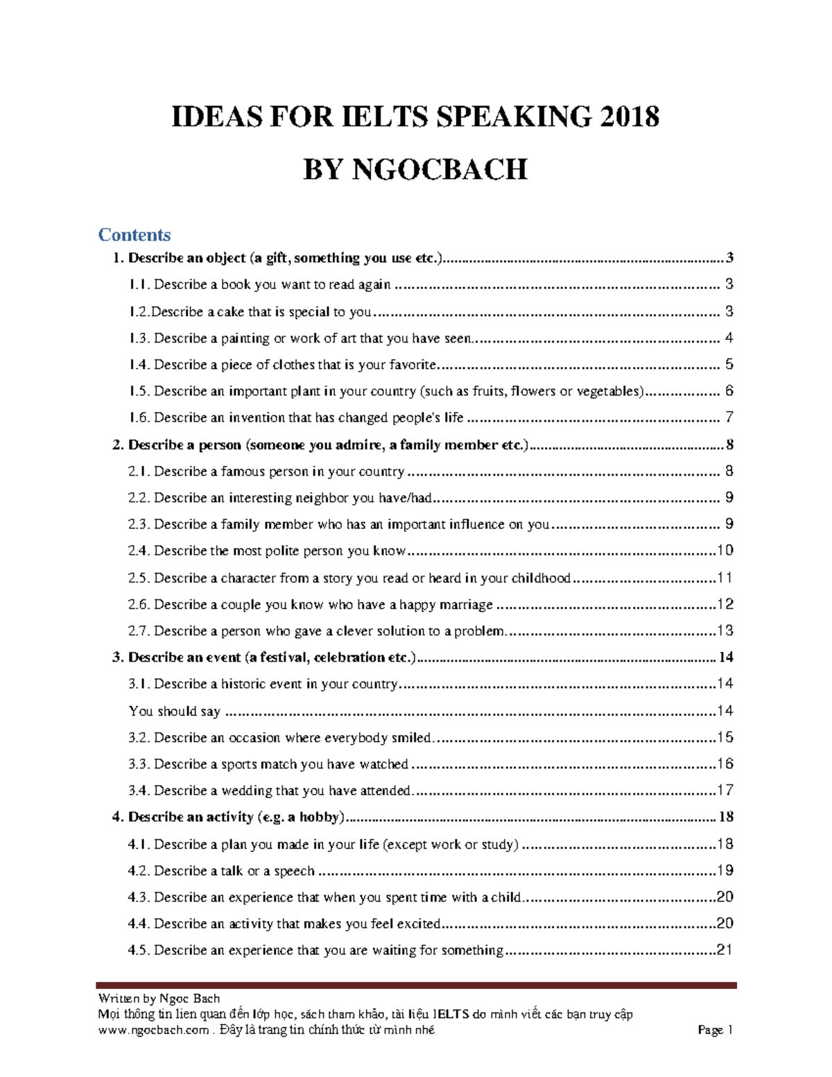 Ideas FOR Ielts Speaking BY Ngocbach - Written by Ngoc Bach BY NGOCBACH Written by Ngoc Bach ...