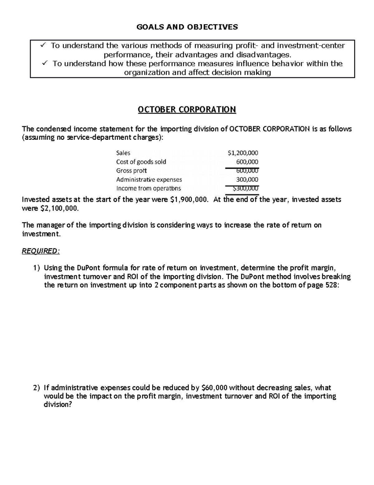 4-07 decentralization (ROI & RI)-1 - GOALS AND OBJECTIVES To understand ...