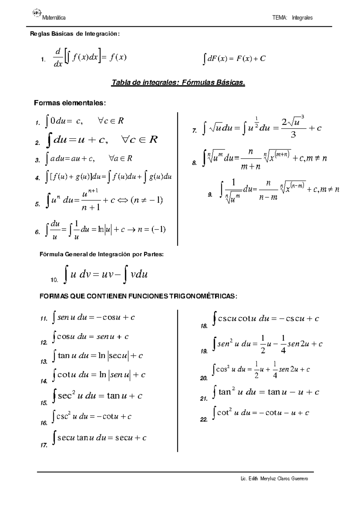 Integrales Formulas Basicas - Matemática TEMA: Integrales Lic. Edith ...