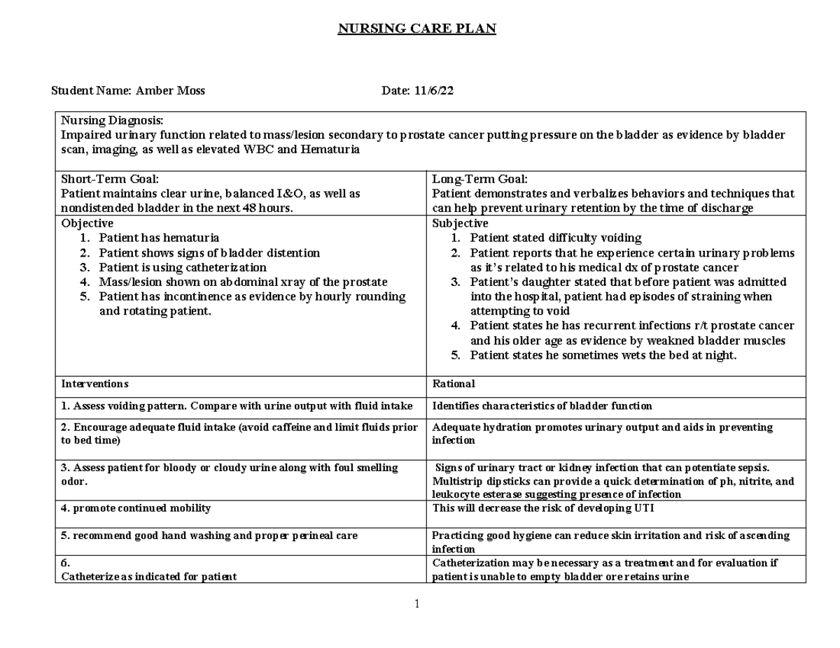 Care Plan 11:07:22 - care plan example - NURSING CARE PLAN Student Name ...