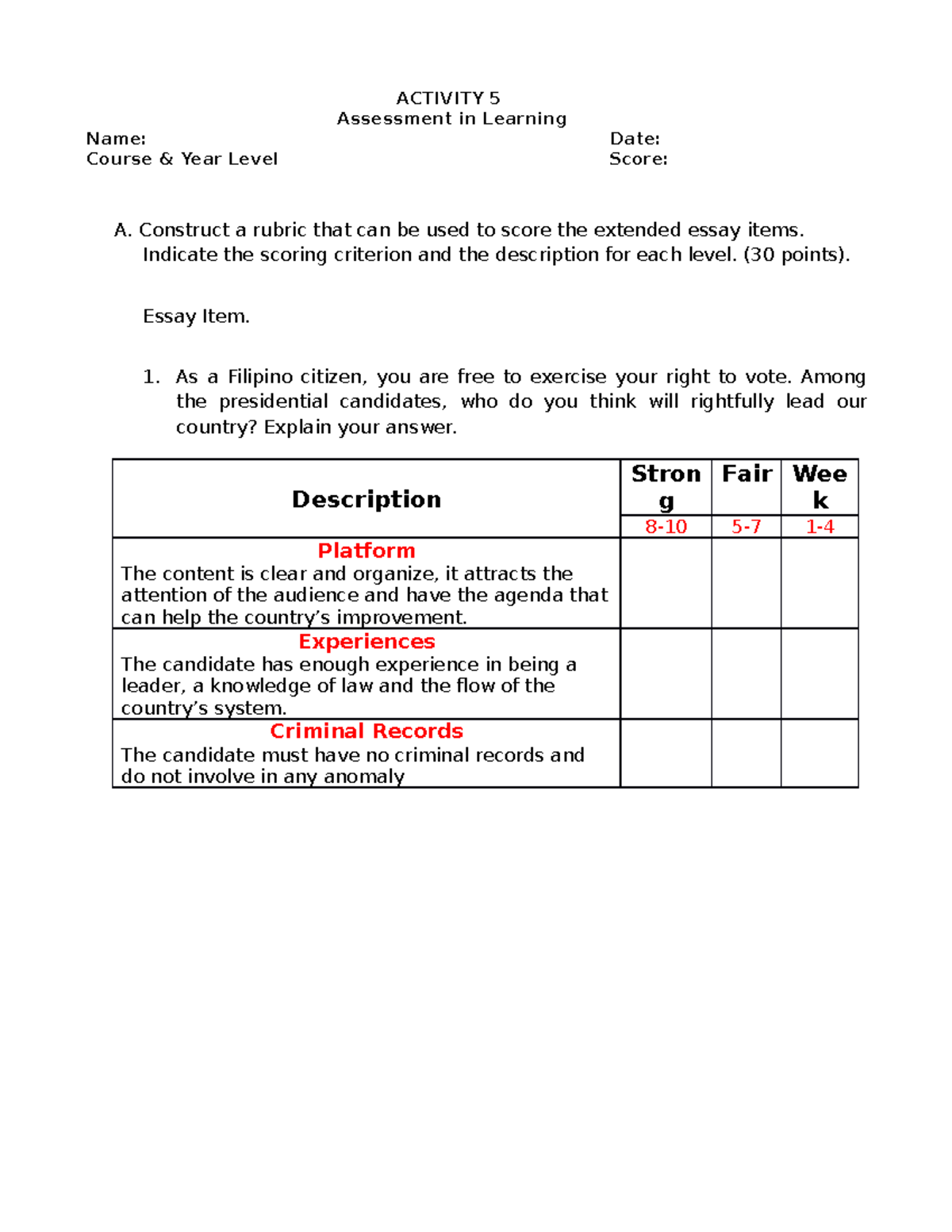 Guidelines - Rubrics - ACTIVITY 5 Assessment in Learning Name: Date ...