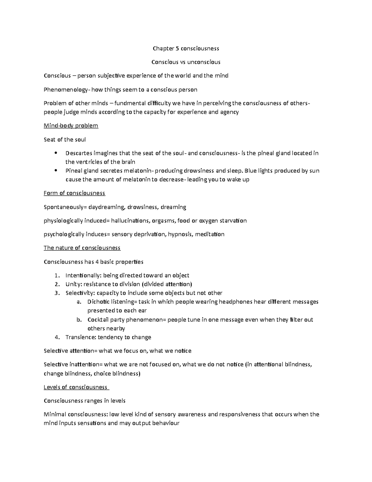 Psych 1100 lecture 5 consciousness - Chapter 5 consciousness Conscious ...