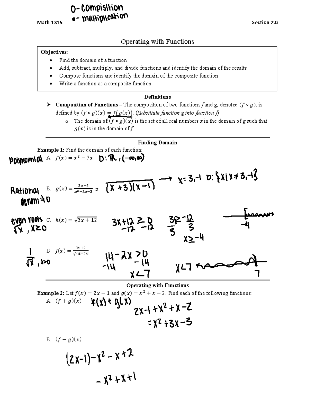 Section 2.6 Notes - Math 1315 Section 2. Operating with Functions ...