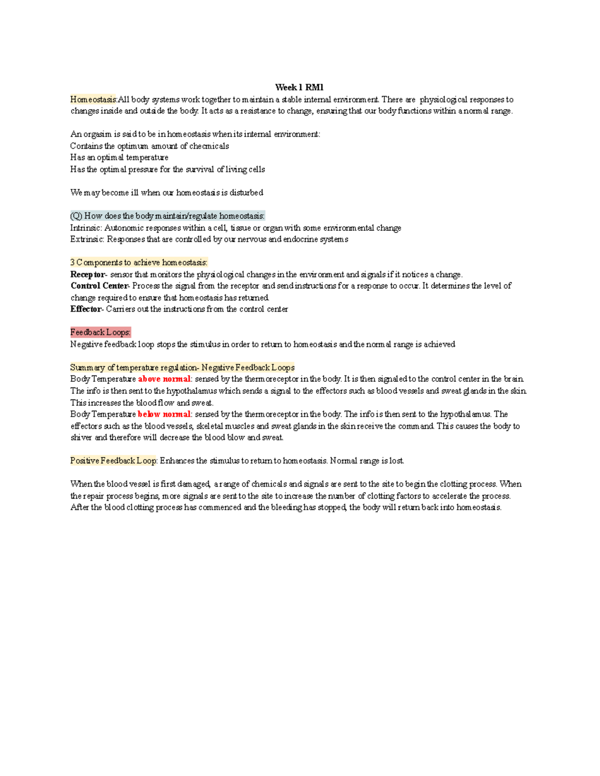 Week 1 RM1 - Physiology SEM1 - Week 1 RM Homeostasis:All body systems ...