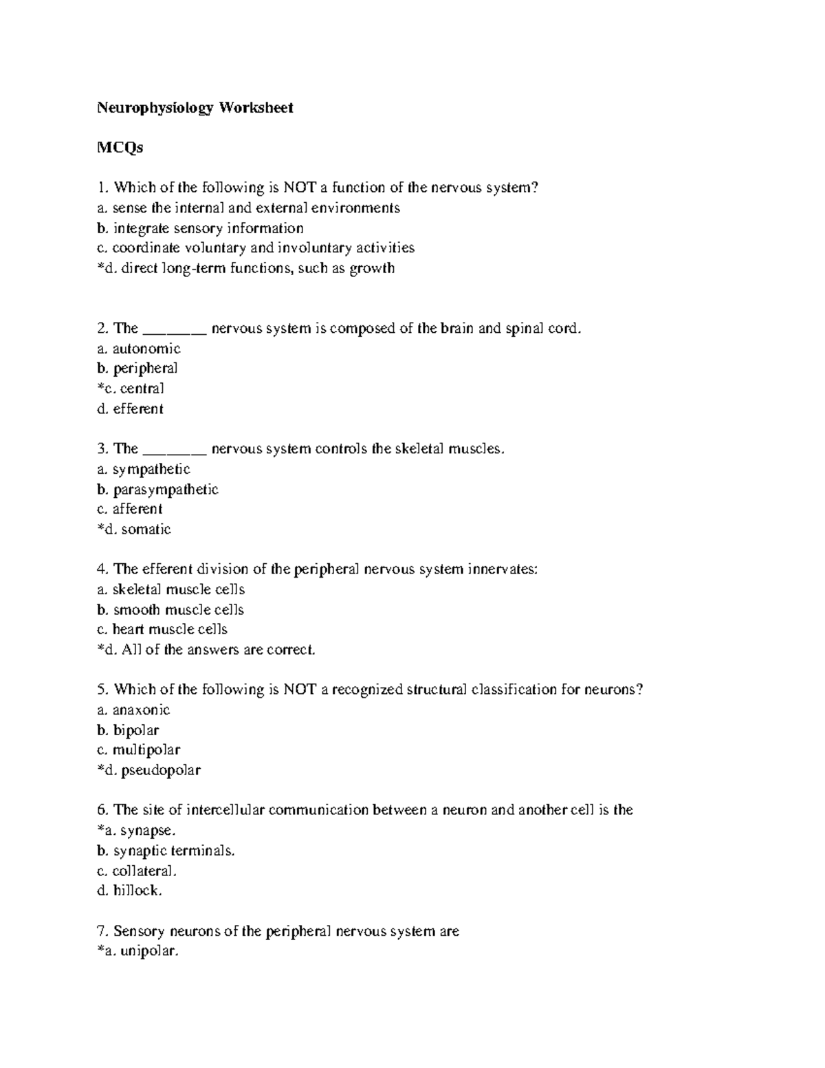 Neurophysiology Worksheet - Neurophysiology Worksheet MCQs Which of the ...