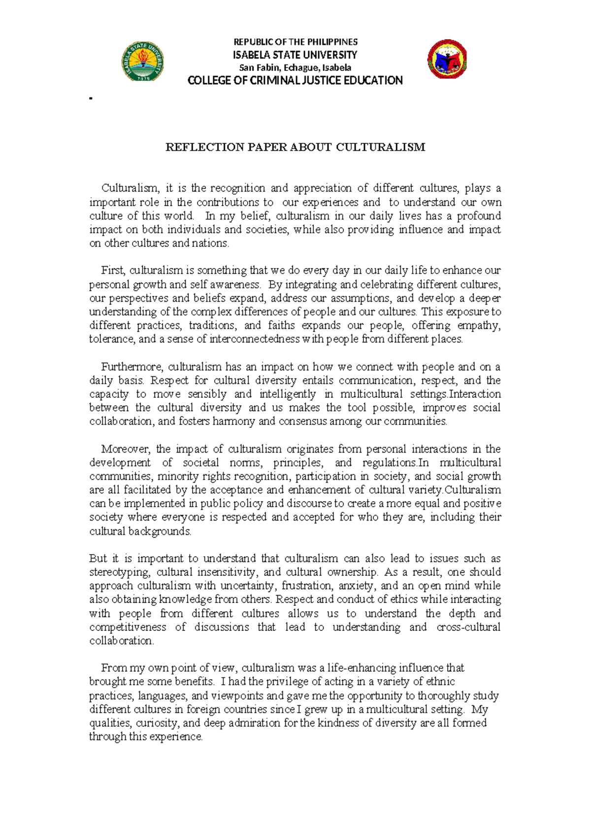 Reflection Paper- Culturalism - ISABELA STATE UNIVERSITY San Fabin ...