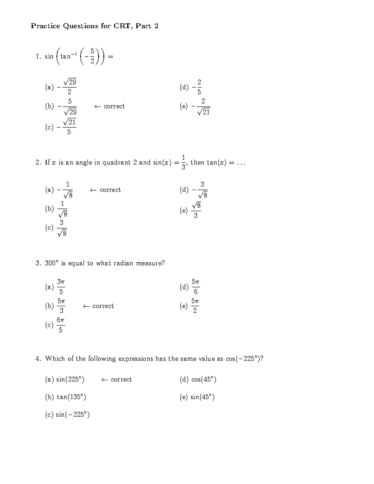 Trig Practice Questions Sol - Practice Questions for CRT, Part 2 sin ...