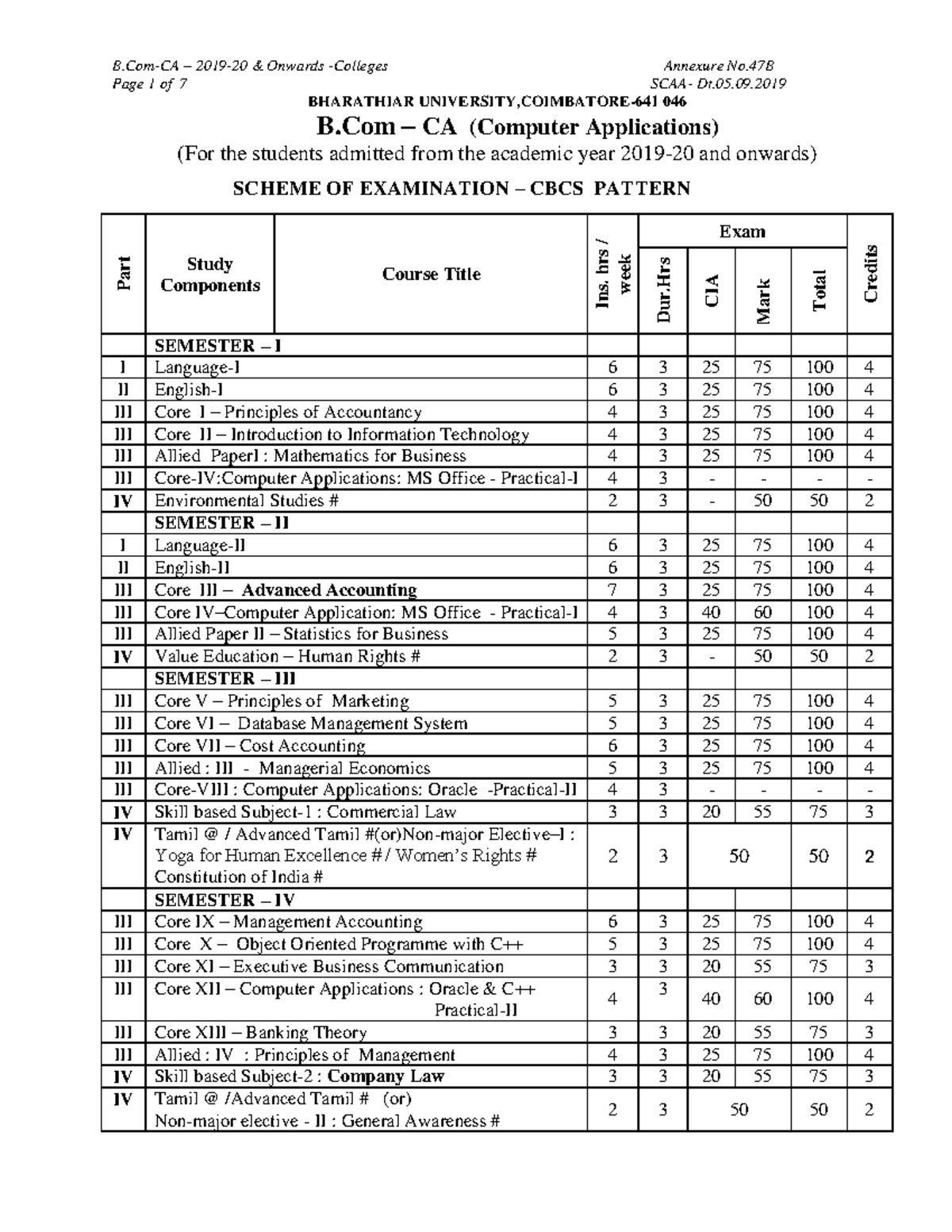 Bcom ca 19 20 aff coll - Important - Page 1 of 7 SCAA- Dt.05. BHARATHIAR UNIVERSITY,COIMBATORE ...