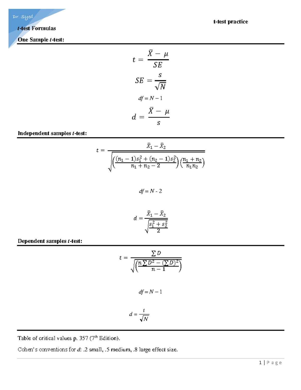 Intro to t-test packet (spring 2020 update) - t-test practice t -test ...