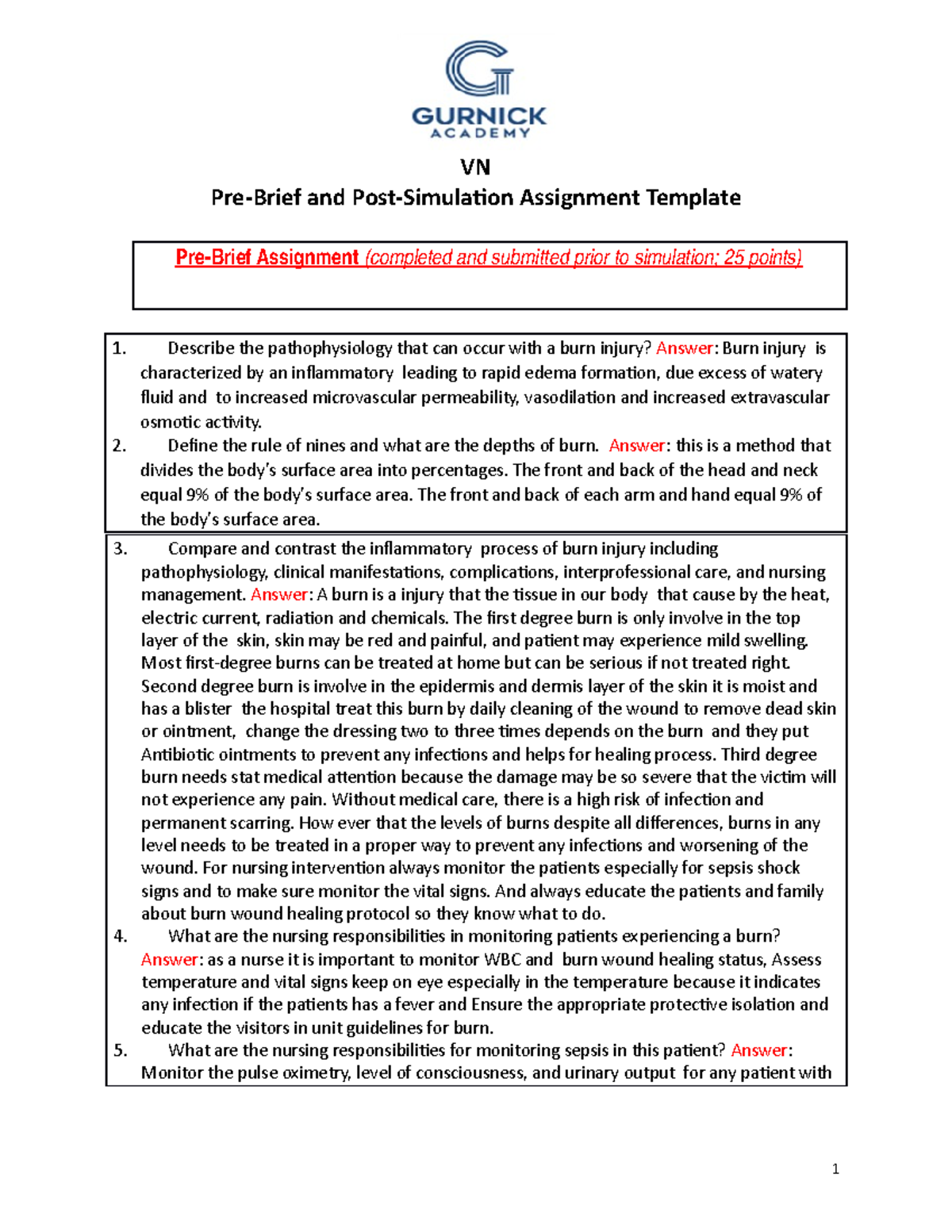 Pre-Brief and Post-Simulation Assignment - burn injury - Pre-Brief and Post-Simulation ...