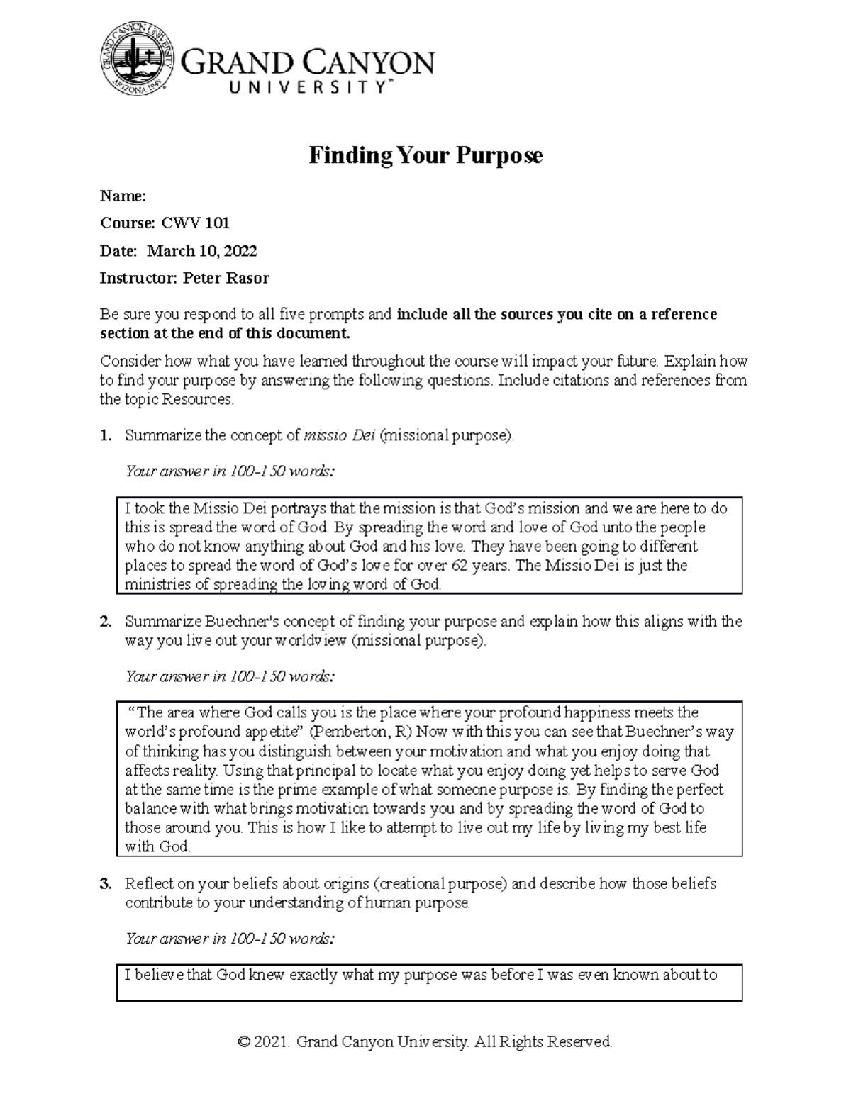 Finding Your Purpose - completed assignment - Finding Your Purpose Name ...