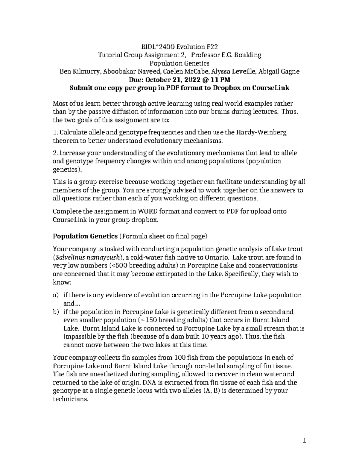 Assignment 2 Population Genetics - F22 - BIOL*2400 Evolution F Tutorial ...