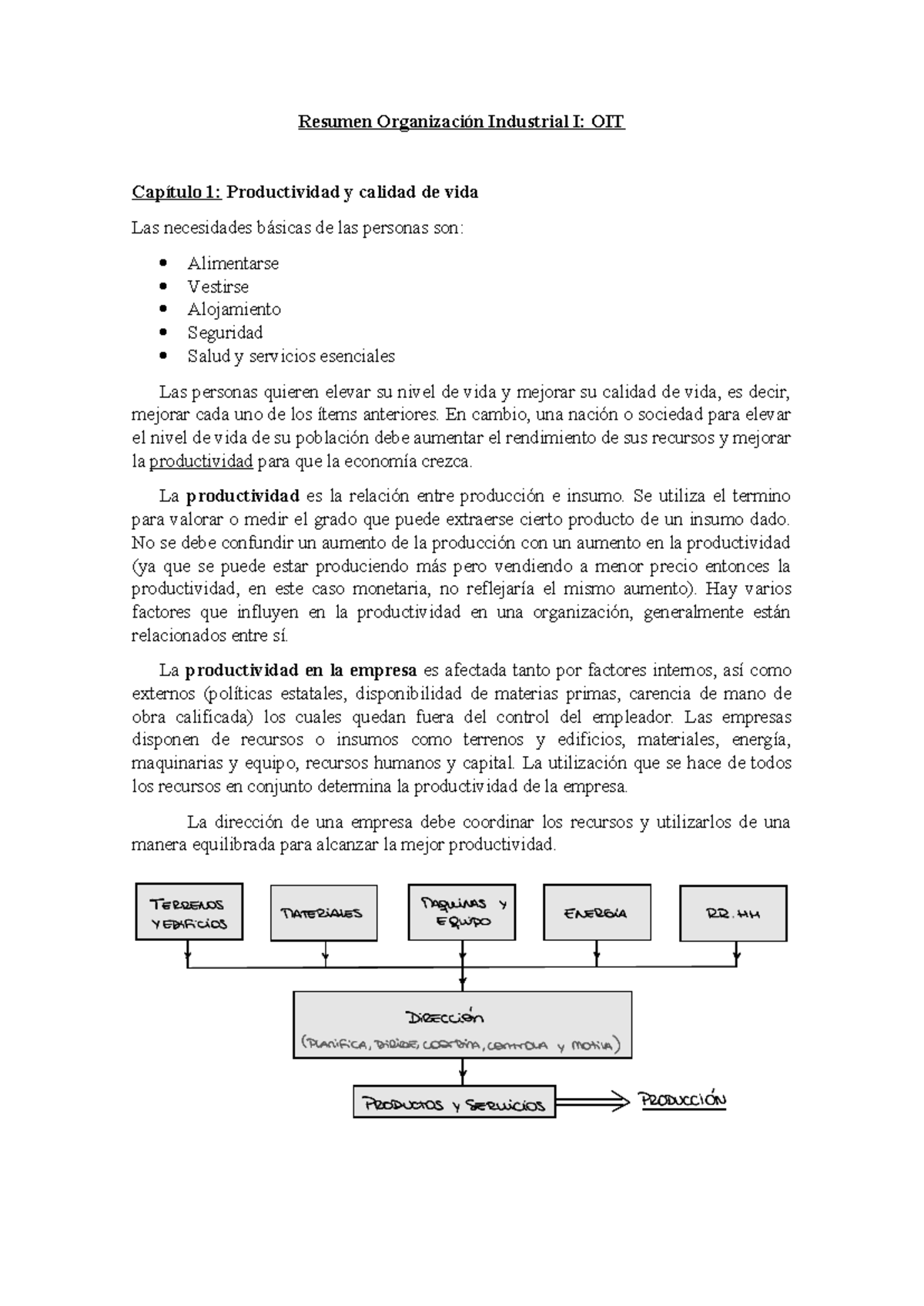 Resumen OIT - Resumen Organización Industrial I: OIT Capítulo 1: Productividad y calidad de vida ...