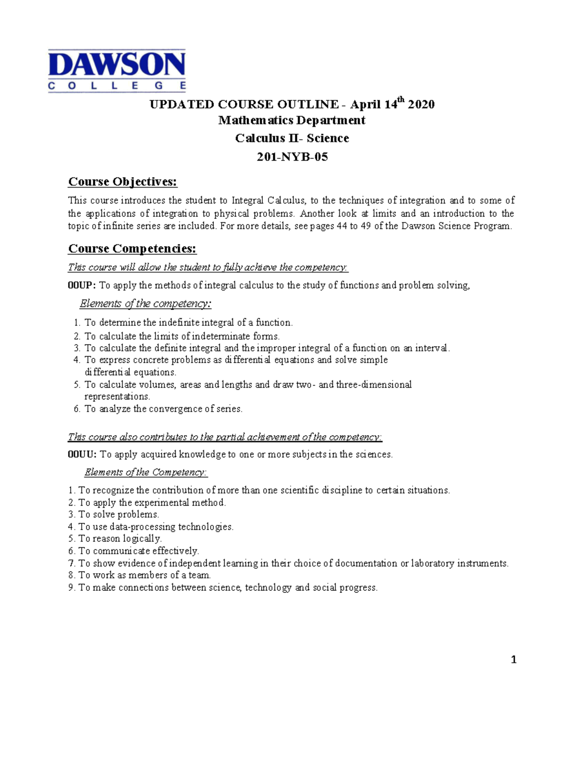 course outline (2020) - UPDATED COURSE OUTLINE - April 14 th 2020 ...