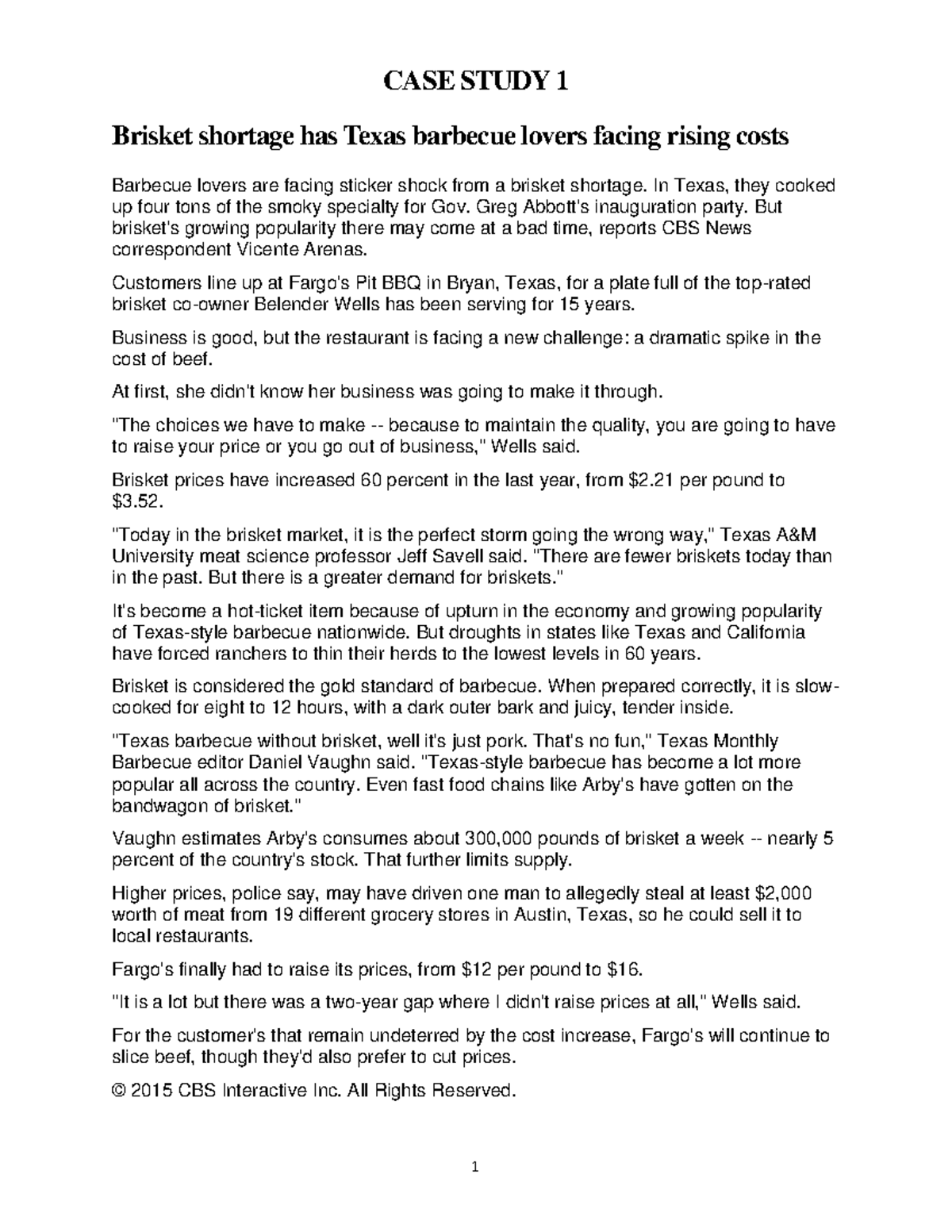 Demand & Supply Analysis - Case Studies - 1 CASE STUDY 1 Brisket shortage has Texas barbecue ...