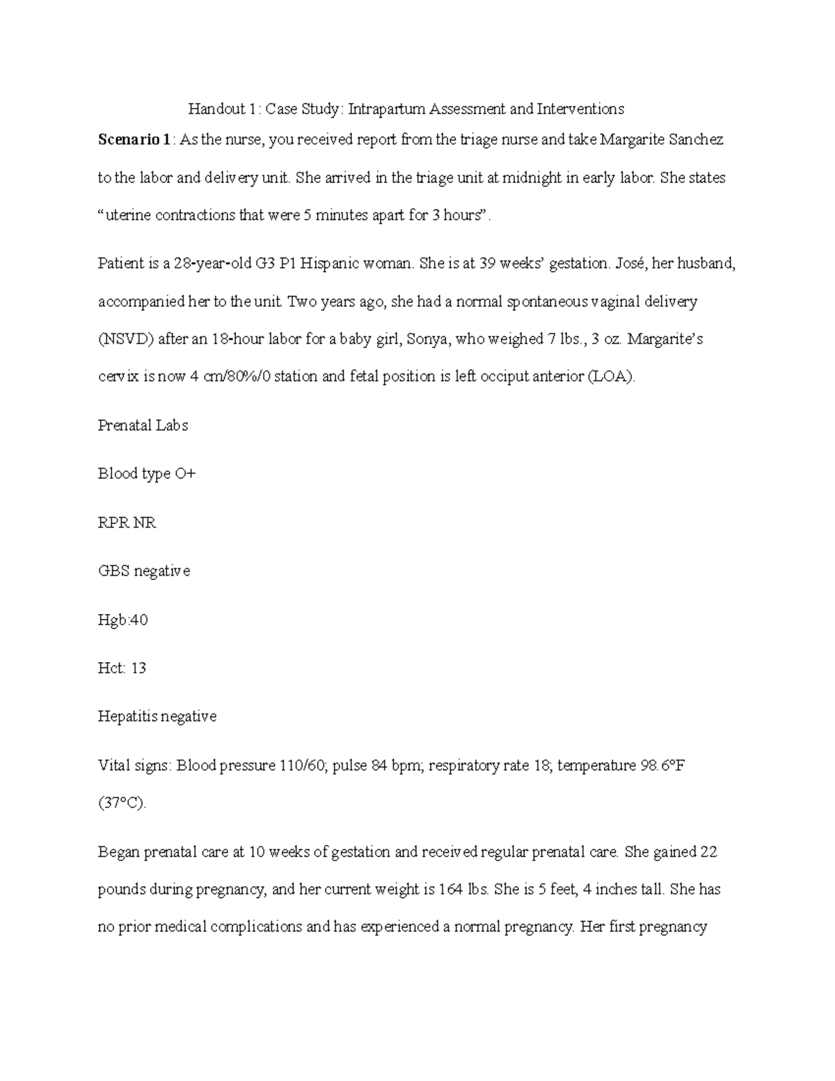 335 mod 3 case study - Handout 1: Case Study: Intrapartum Assessment ...