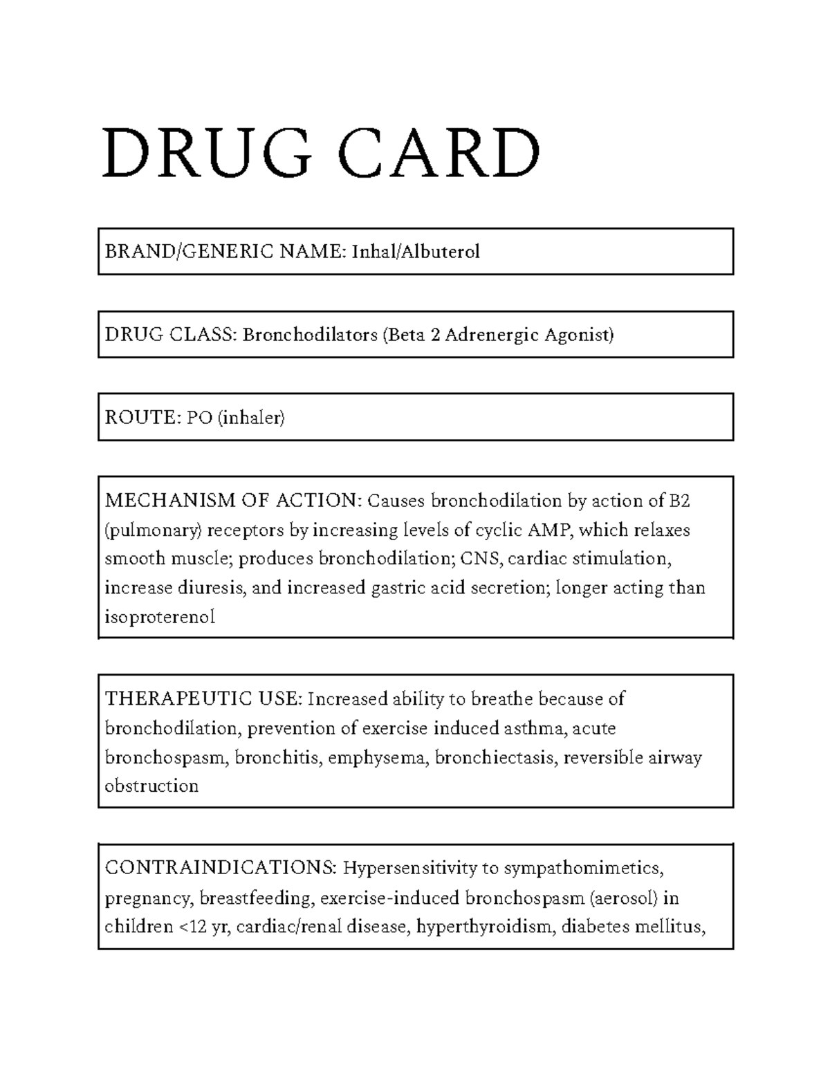 Albuterol- Drug Card - Drug Card - DRUG CARD BRAND/GENERIC NAME: Inhal ...