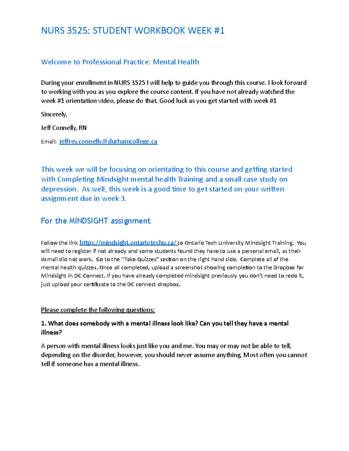 Student Workbook Week #1 - Welcome to Professional Practice: Mental Health During your ...