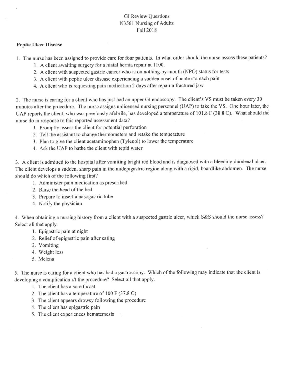 GI Questions - GI Notes - GI Review Questions N3561 Nursing of Adults ...