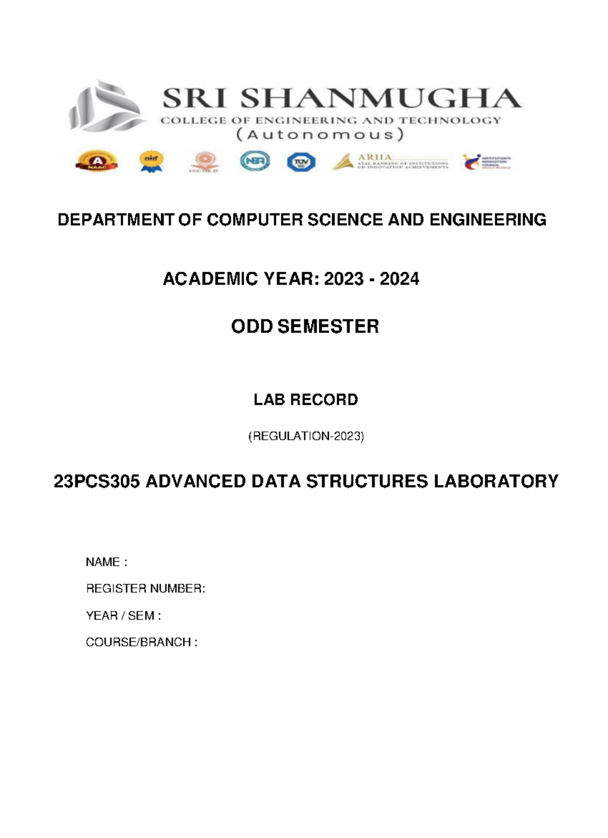 Advanced Data Structures Lab Record - DEPARTMENT OF COMPUTER SCIENCE ...
