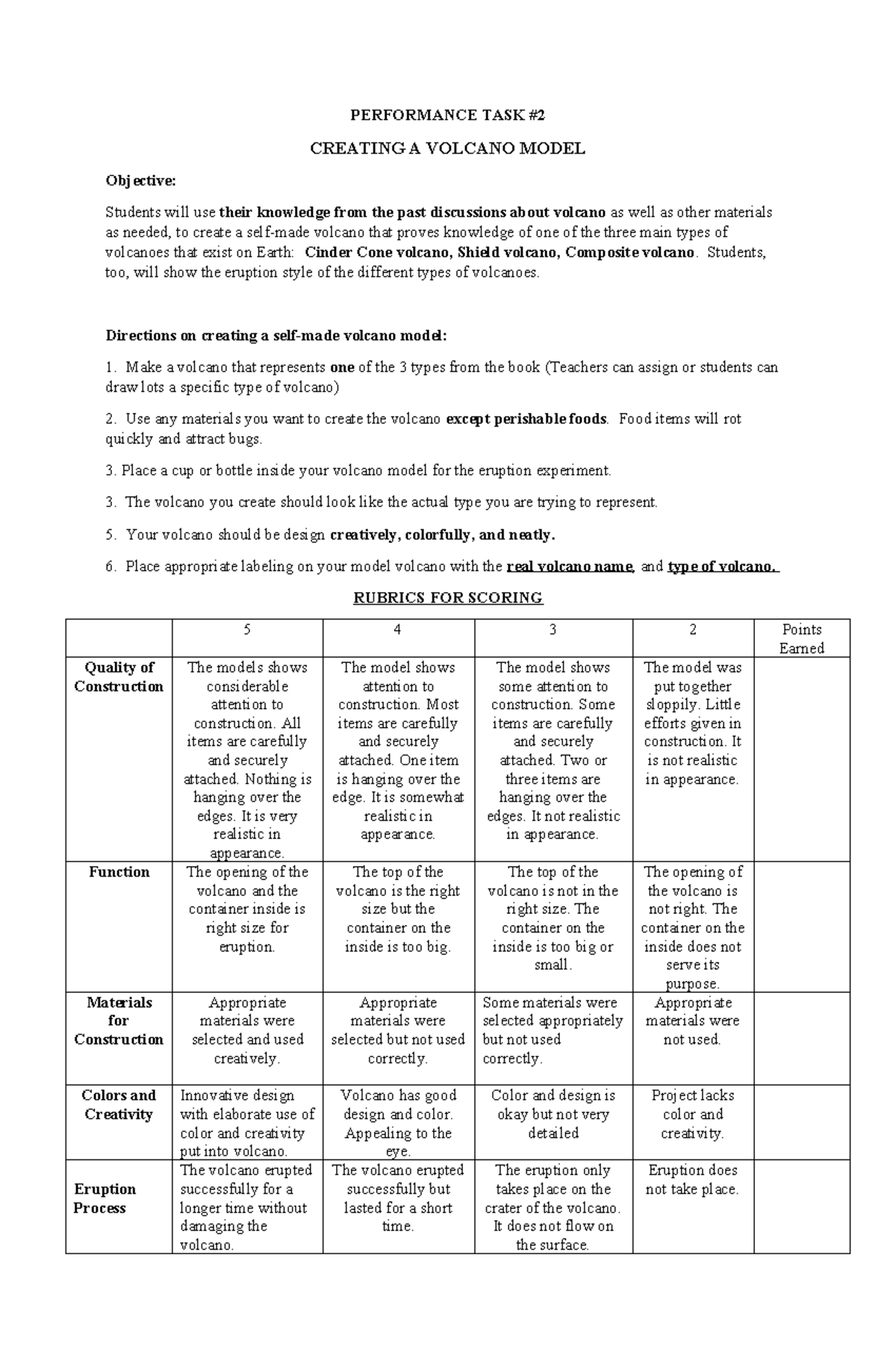 Performance TASK 2 Volcano Making - PERFORMANCE TASK CREATING A VOLCANO MODEL Objective ...