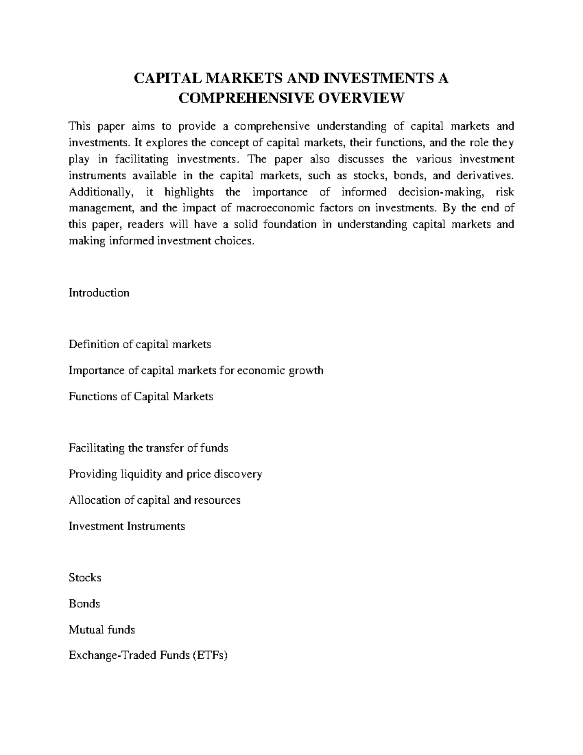 Capital Markets AND Investments A Comprehensive Overview - CAPITAL ...